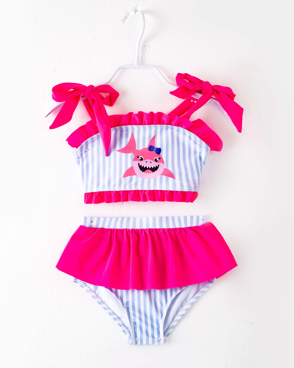 Pink Baby Shark Stripe Ruffle Girl Swimsuit